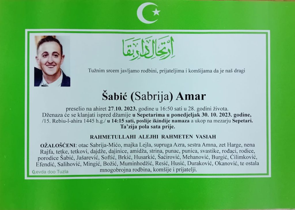 Poznato vrijeme posljednjeg ispraćaja tragično stradalog Amara Šabića ...